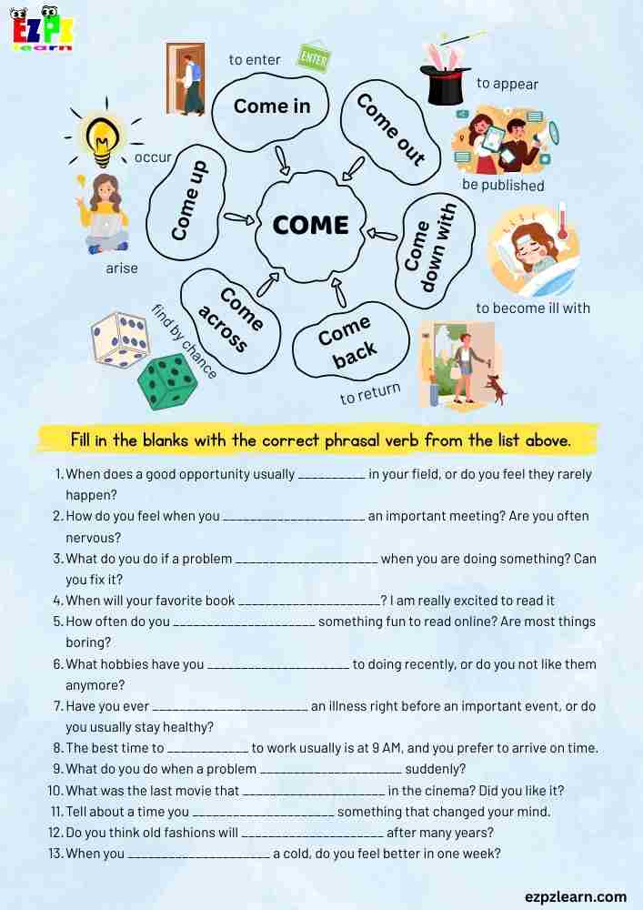 Phrasal Verbs with "Come" – 13 Sentence Worksheet | ESL Grammar Practice | Free PDF - Ezpzlearn.com
